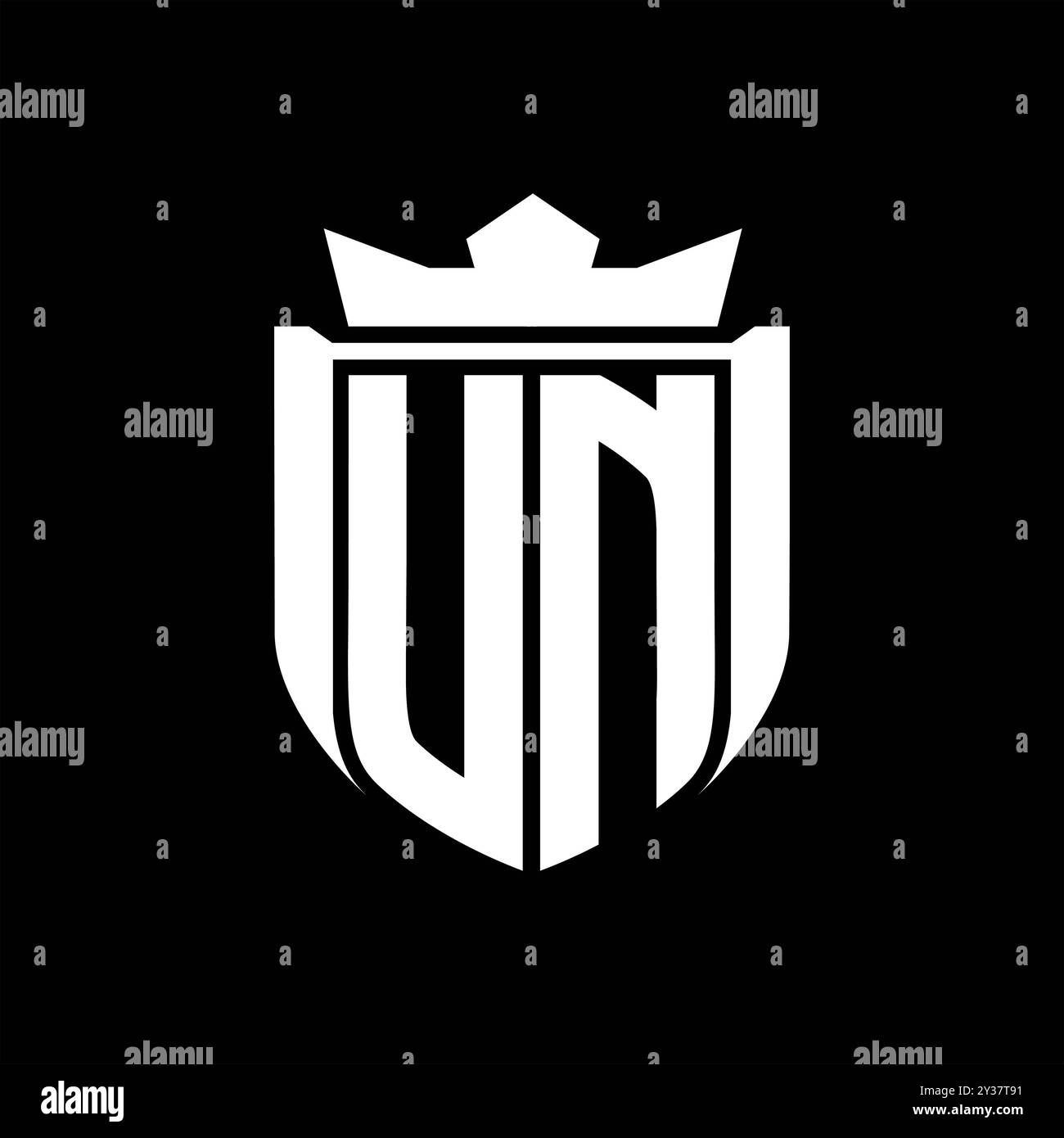 UN Letter logo with shield shape inside shield badge crown on black ...