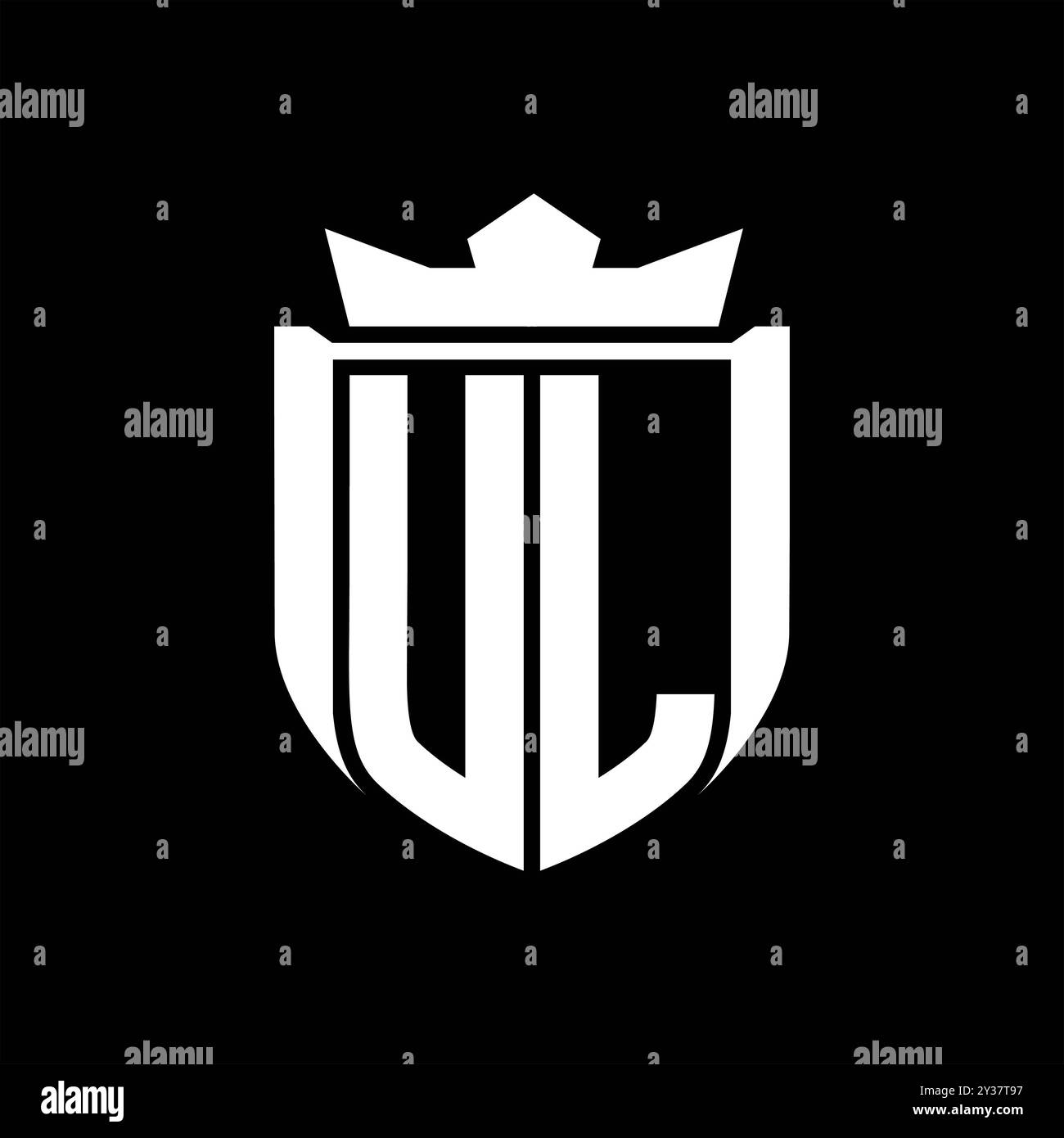 UL Letter logo with shield shape inside shield badge crown on black ...