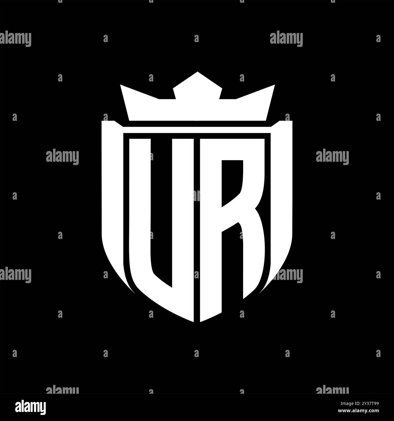 UR Letter logo with shield shape inside shield badge crown on black ...