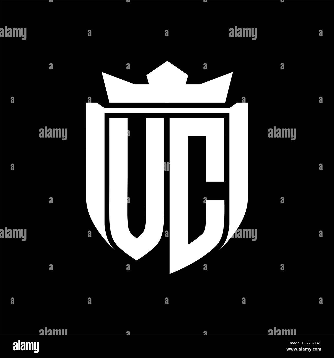 VC Letter logo with shield shape inside shield badge crown on black ...