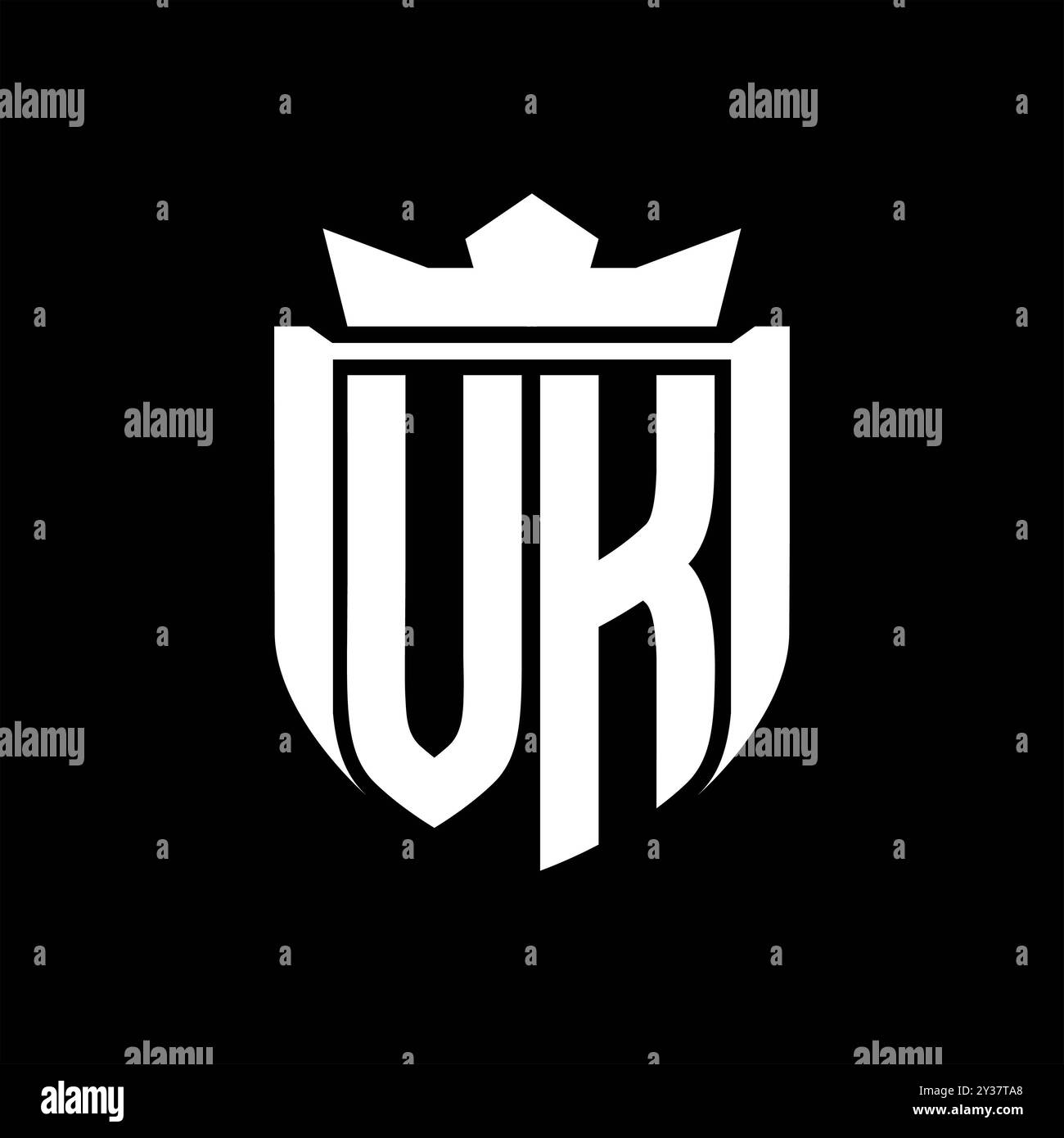 VK Letter logo with shield shape inside shield badge crown on black background template design ...