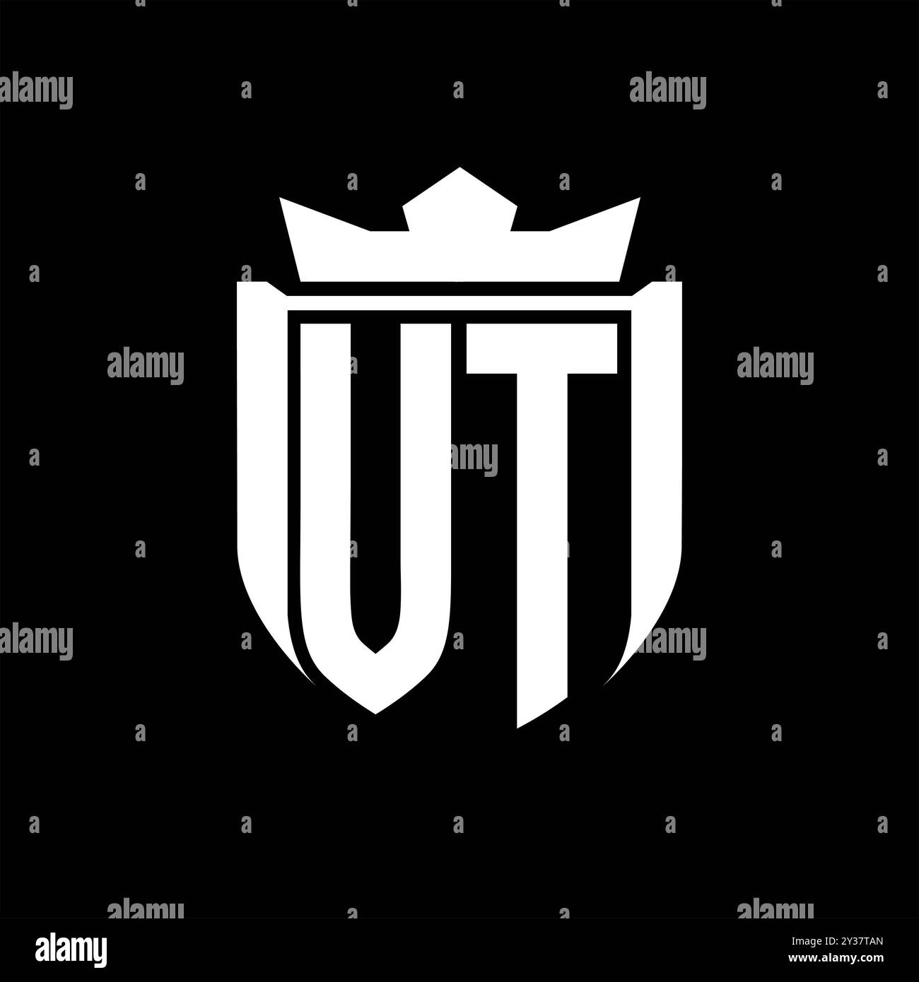 VT Letter logo with shield shape inside shield badge crown on black ...