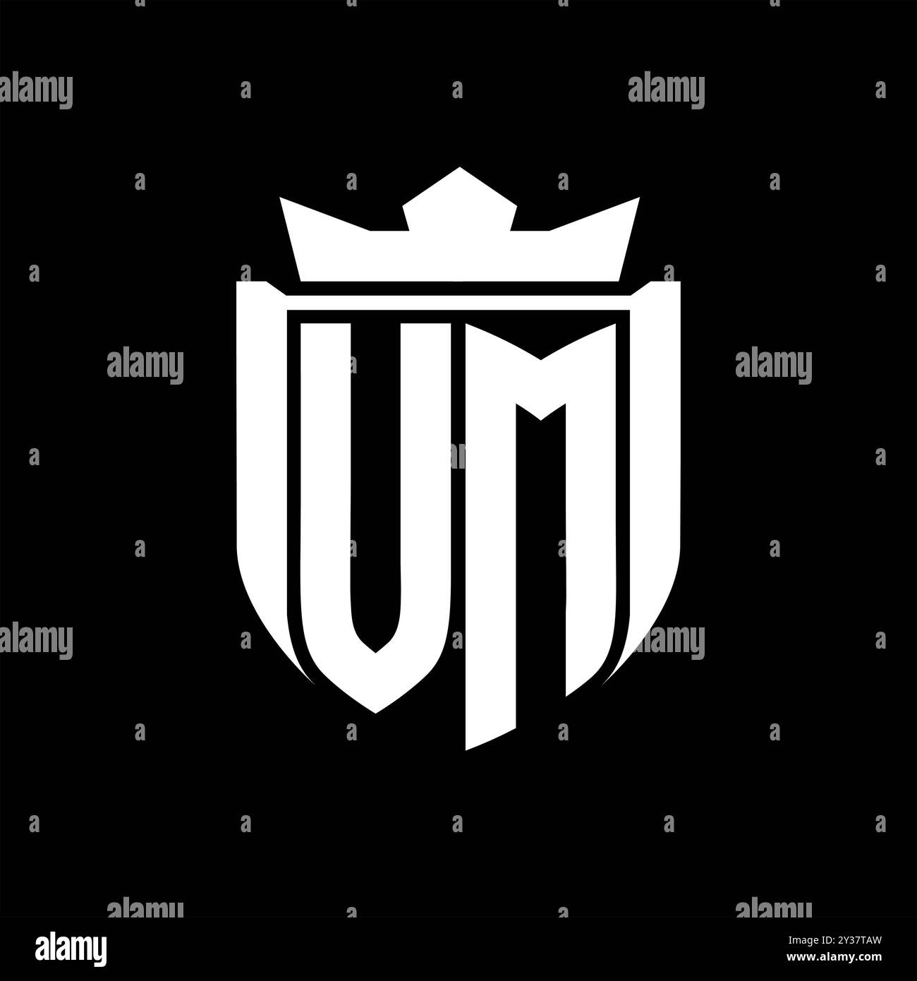 VM Letter logo with shield shape inside shield badge crown on black ...
