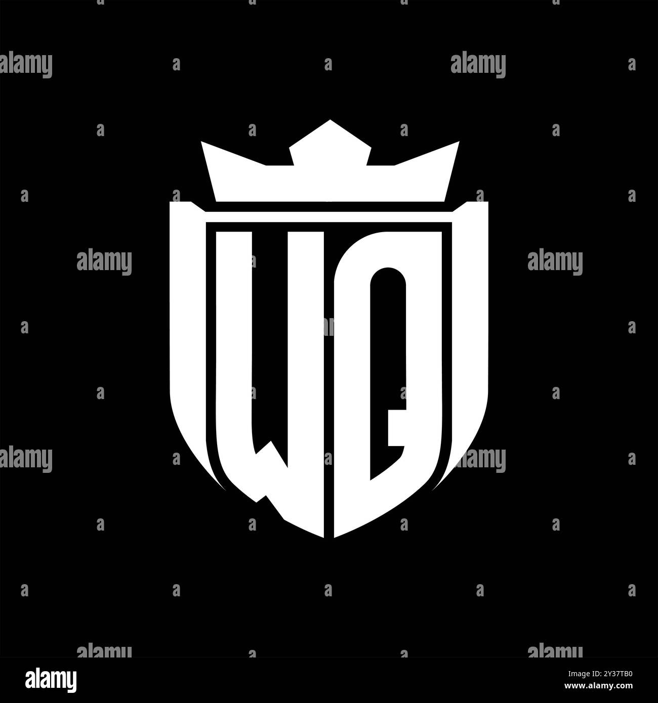 WQ Letter logo with shield shape inside shield badge crown on black ...