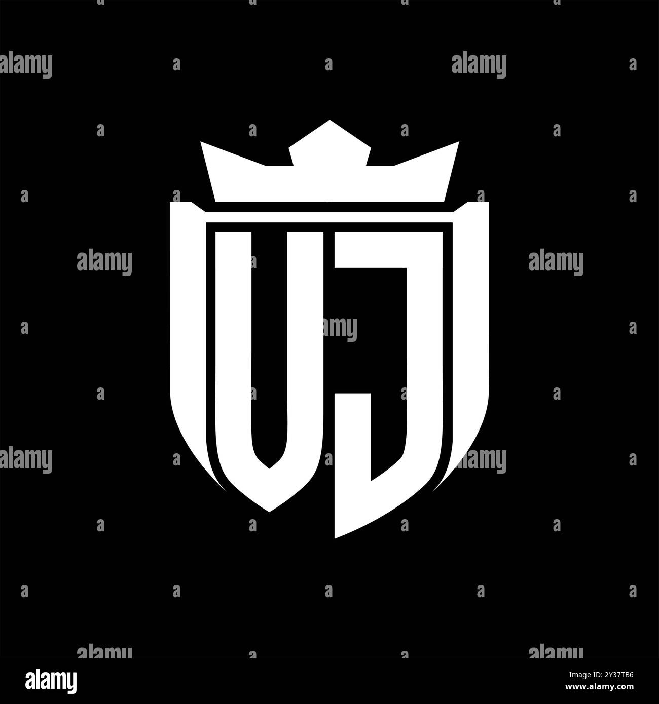 VJ Letter logo with shield shape inside shield badge crown on black background template design ...