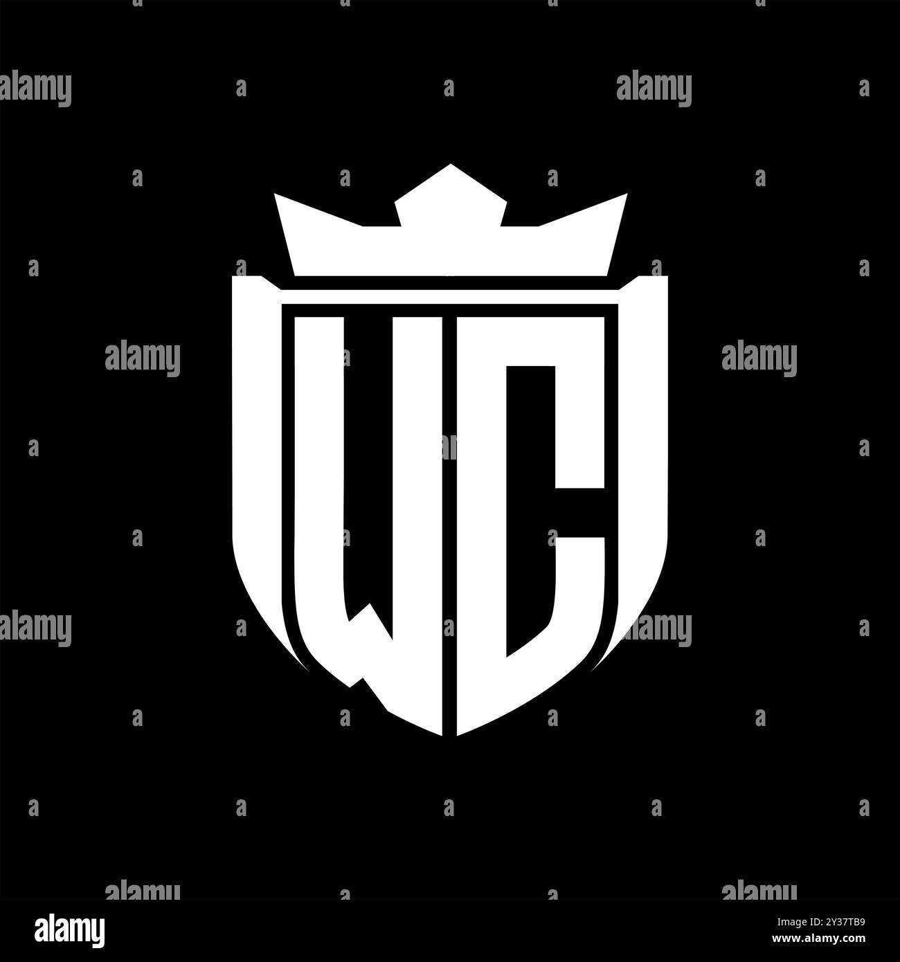 WC Letter logo with shield shape inside shield badge crown on black ...