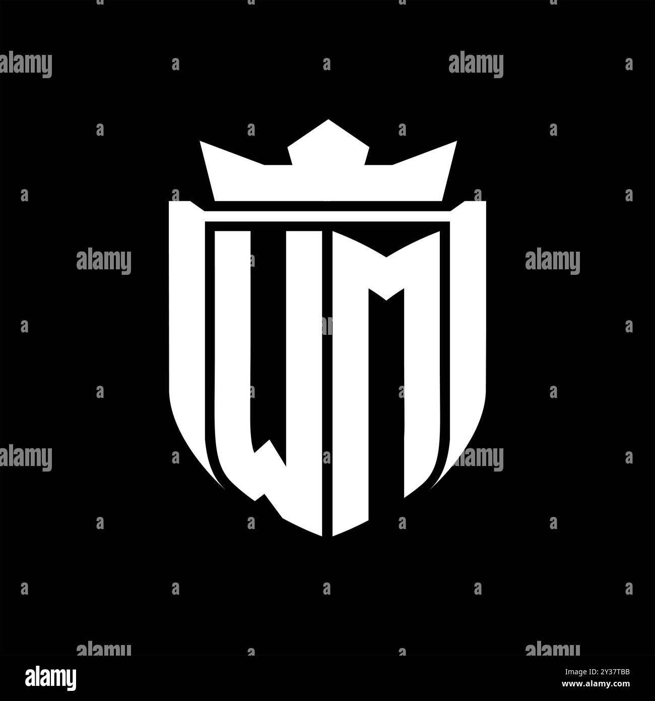 WM Letter logo with shield shape inside shield badge crown on black ...