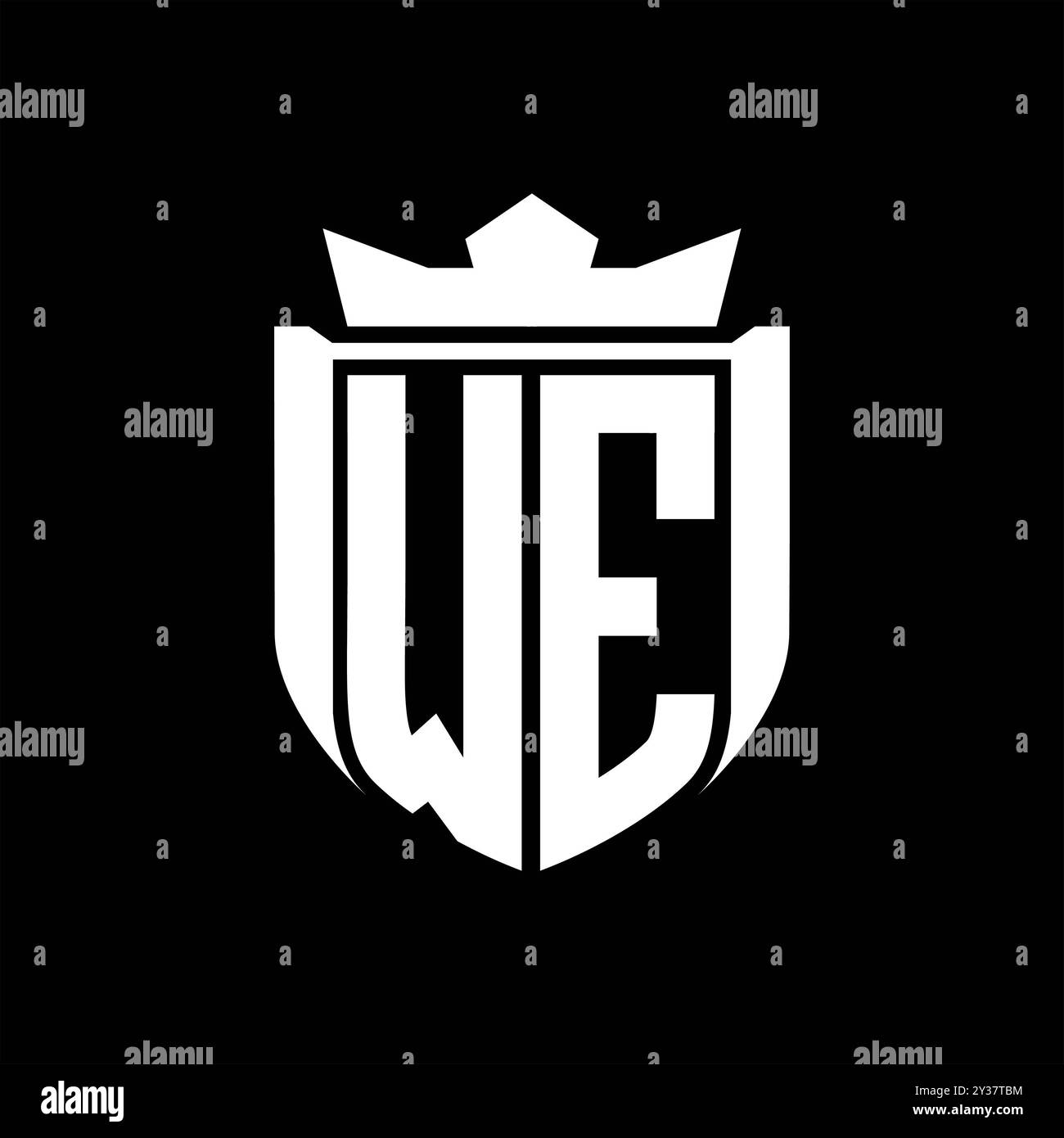 WE Letter logo with shield shape inside shield badge crown on black ...