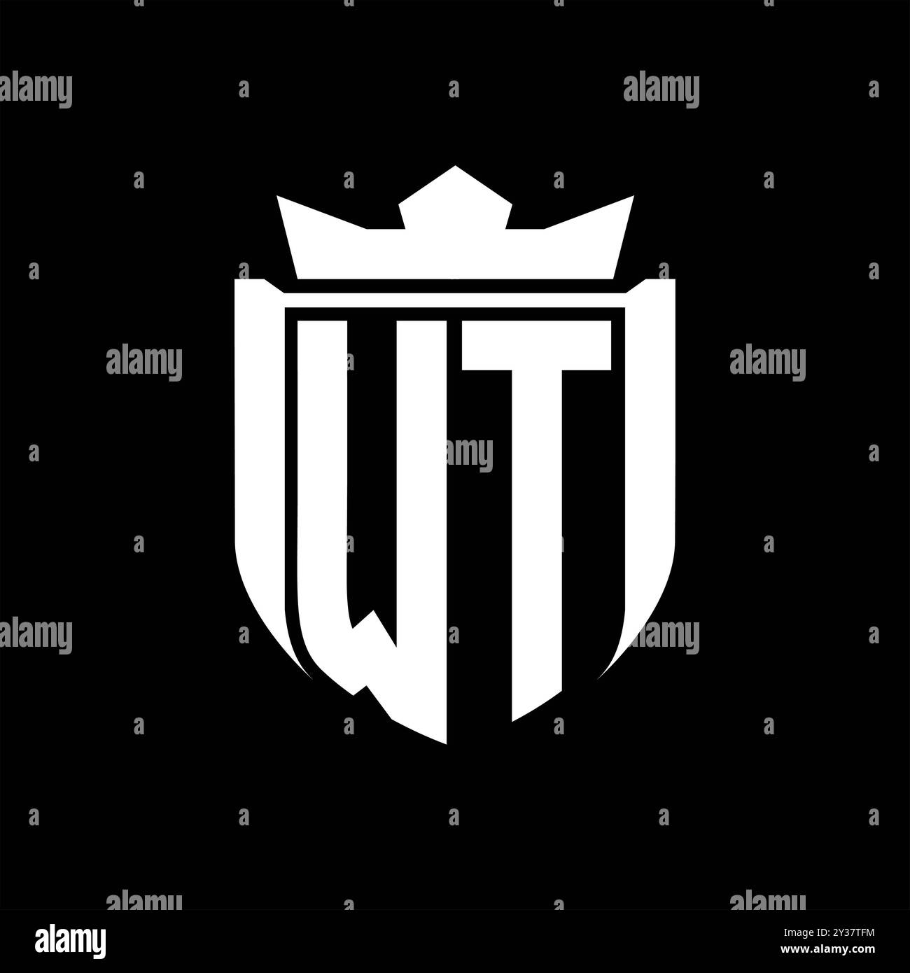 WT Letter logo with shield shape inside shield badge crown on black ...