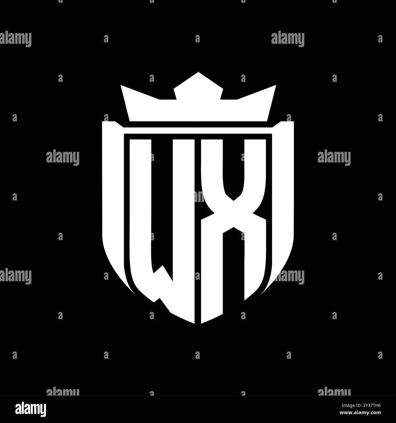 WX Letter logo with shield shape inside shield badge crown on black background template design ...