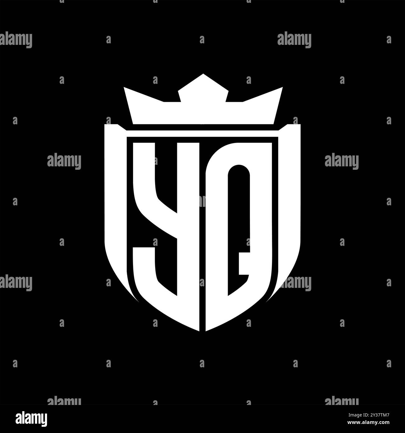 YQ Letter logo with shield shape inside shield badge crown on black background template design ...