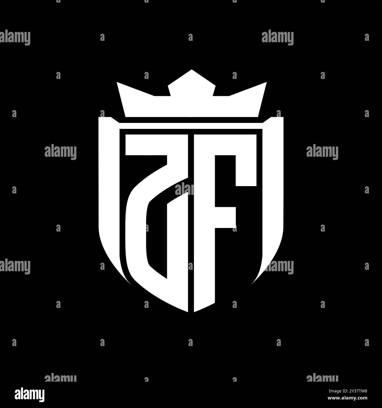 ZF Letter logo with shield shape inside shield badge crown on black background template design ...