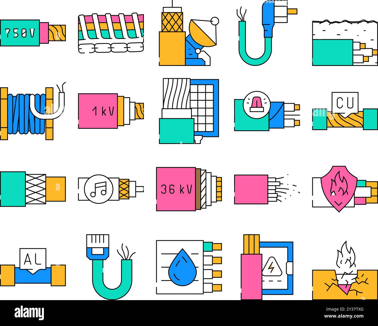 Cable Wire Electrical System Icons Set Vector Stock Vector Image & Art ...
