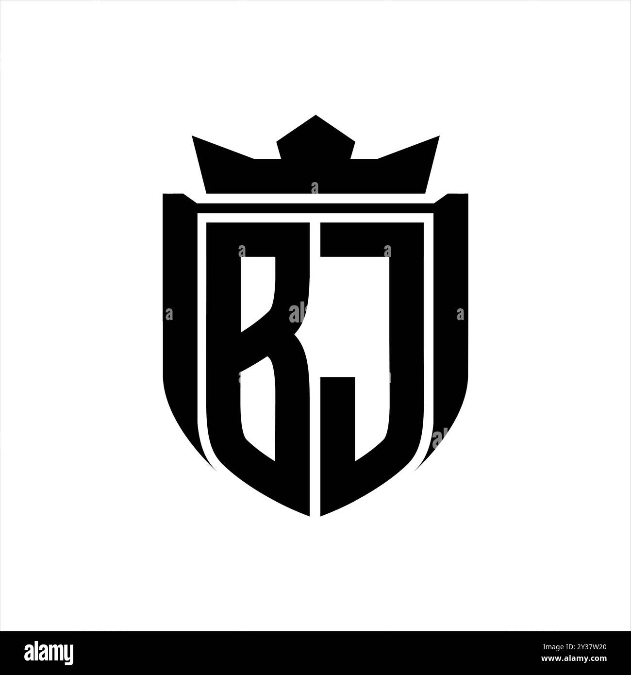 BJ Letter logo with shield shape inside shield badge crown on white ...