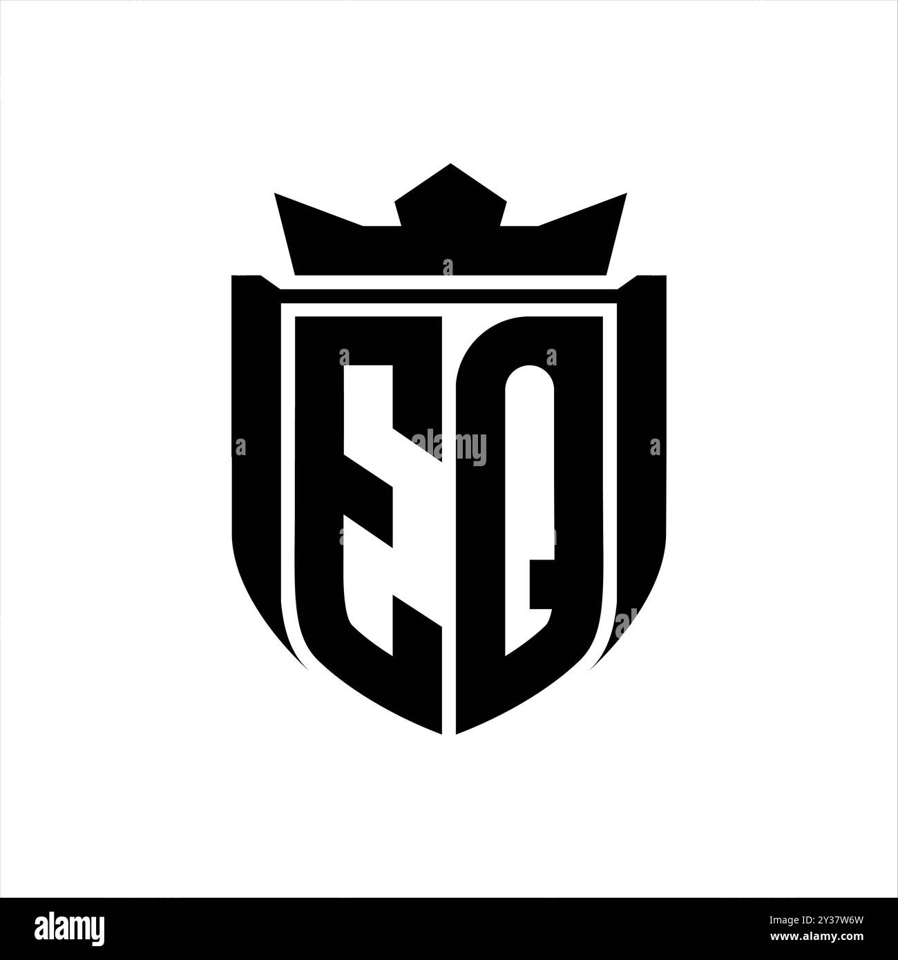 EQ Letter logo with shield shape inside shield badge crown on white background template design ...