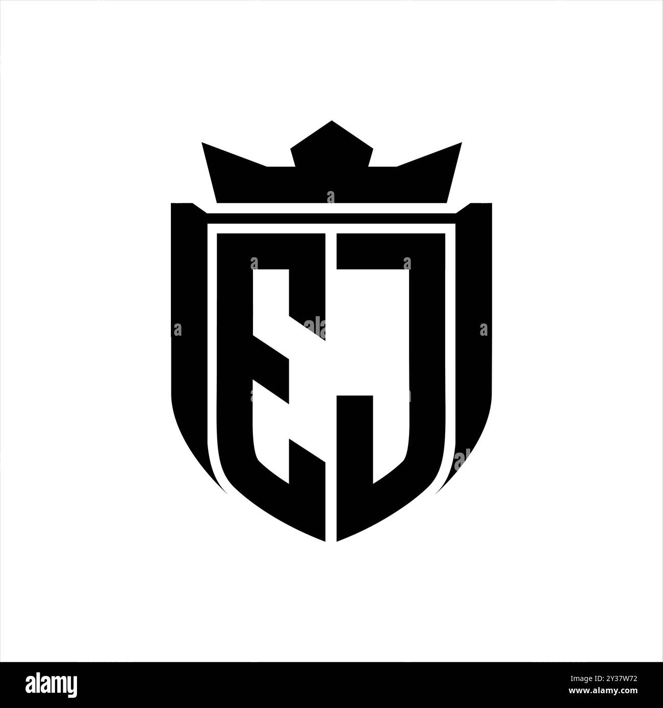 EJ Letter logo with shield shape inside shield badge crown on white ...