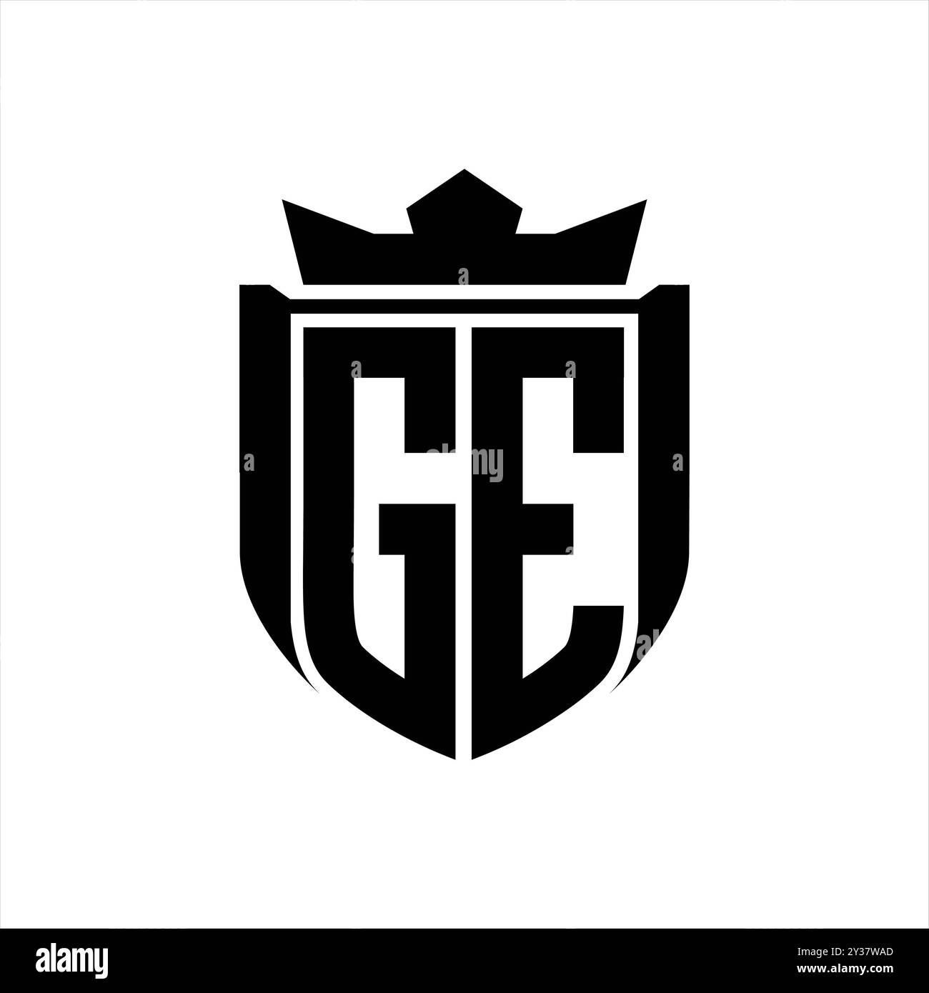 GE Letter logo with shield shape inside shield badge crown on white background template design ...