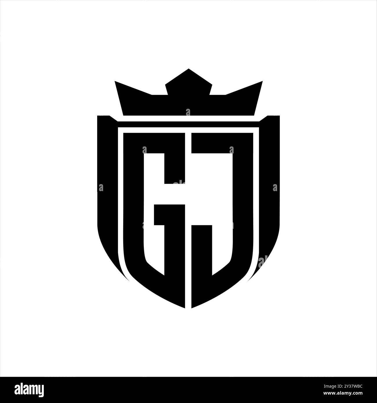 GJ Letter logo with shield shape inside shield badge crown on white background template design ...