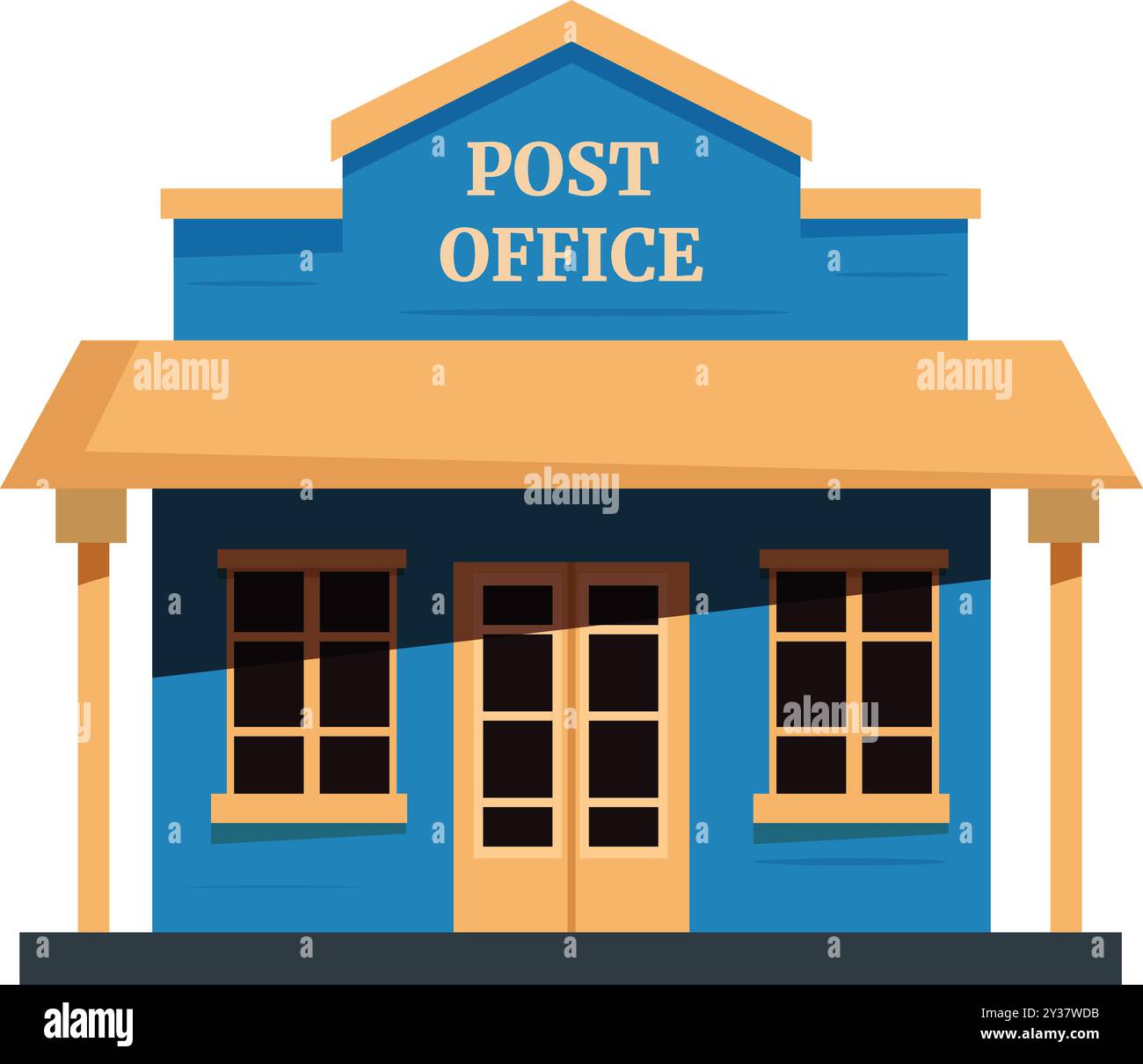Cartoon illustration featuring a blue and yellow building with a sign ...