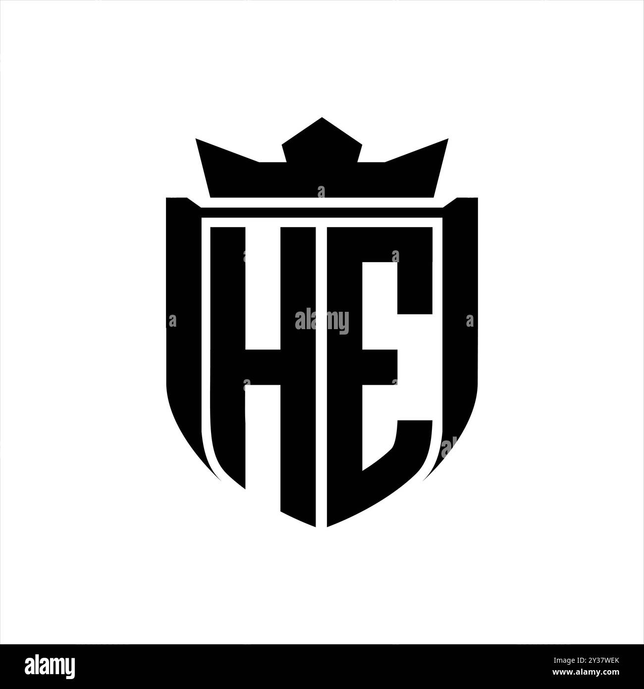 HE Letter logo with shield shape inside shield badge crown on white background template design ...