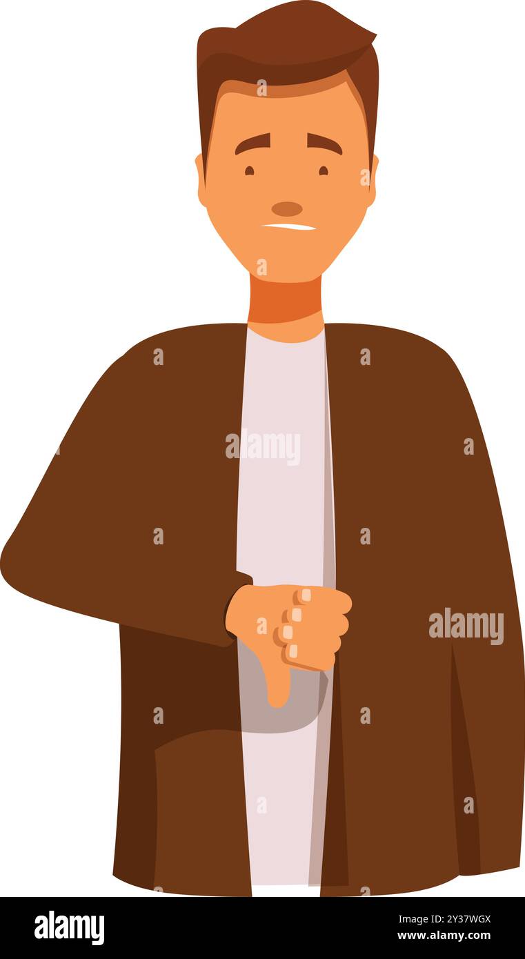Young man expressing disapproval with a thumbs down gesture and a ...