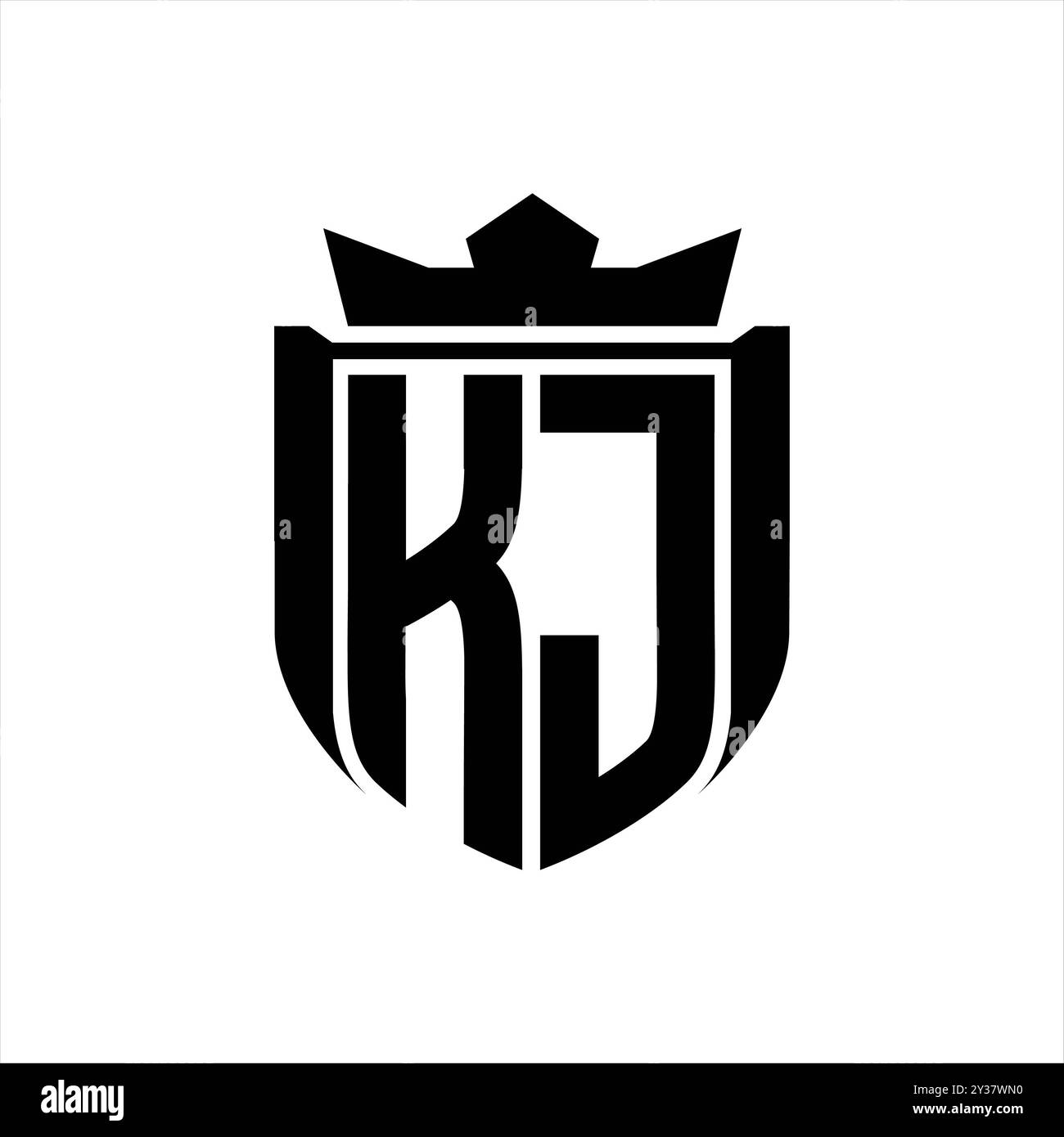 KJ Letter logo with shield shape inside shield badge crown on white ...