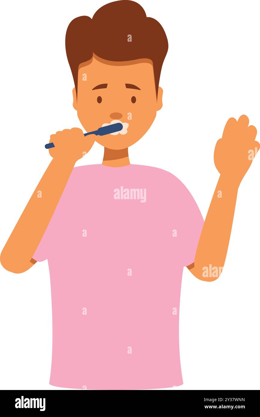 Cartoon illustration of a young man brushing his teeth with toothpaste ...
