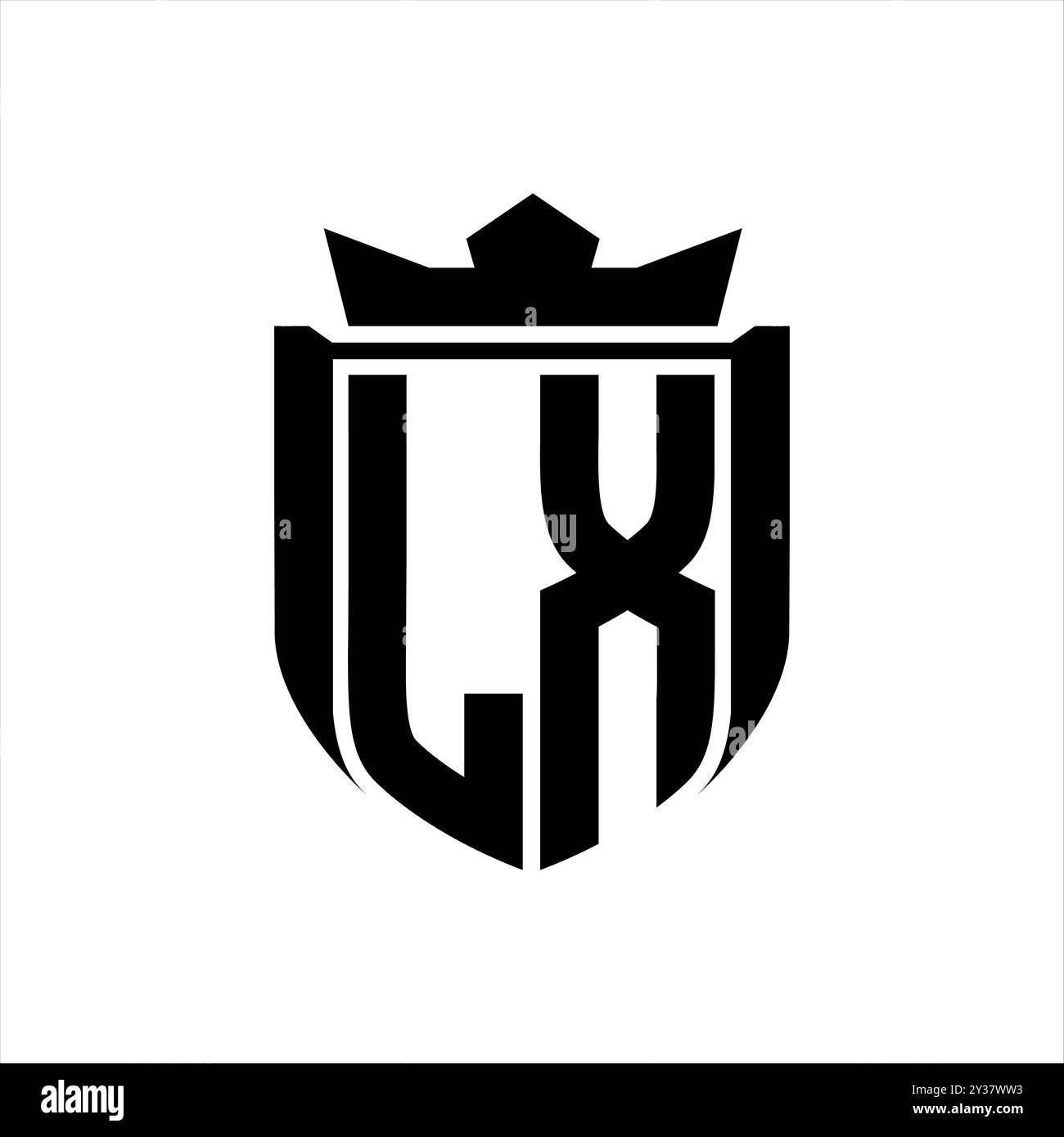 LX Letter logo with shield shape inside shield badge crown on white background template design ...