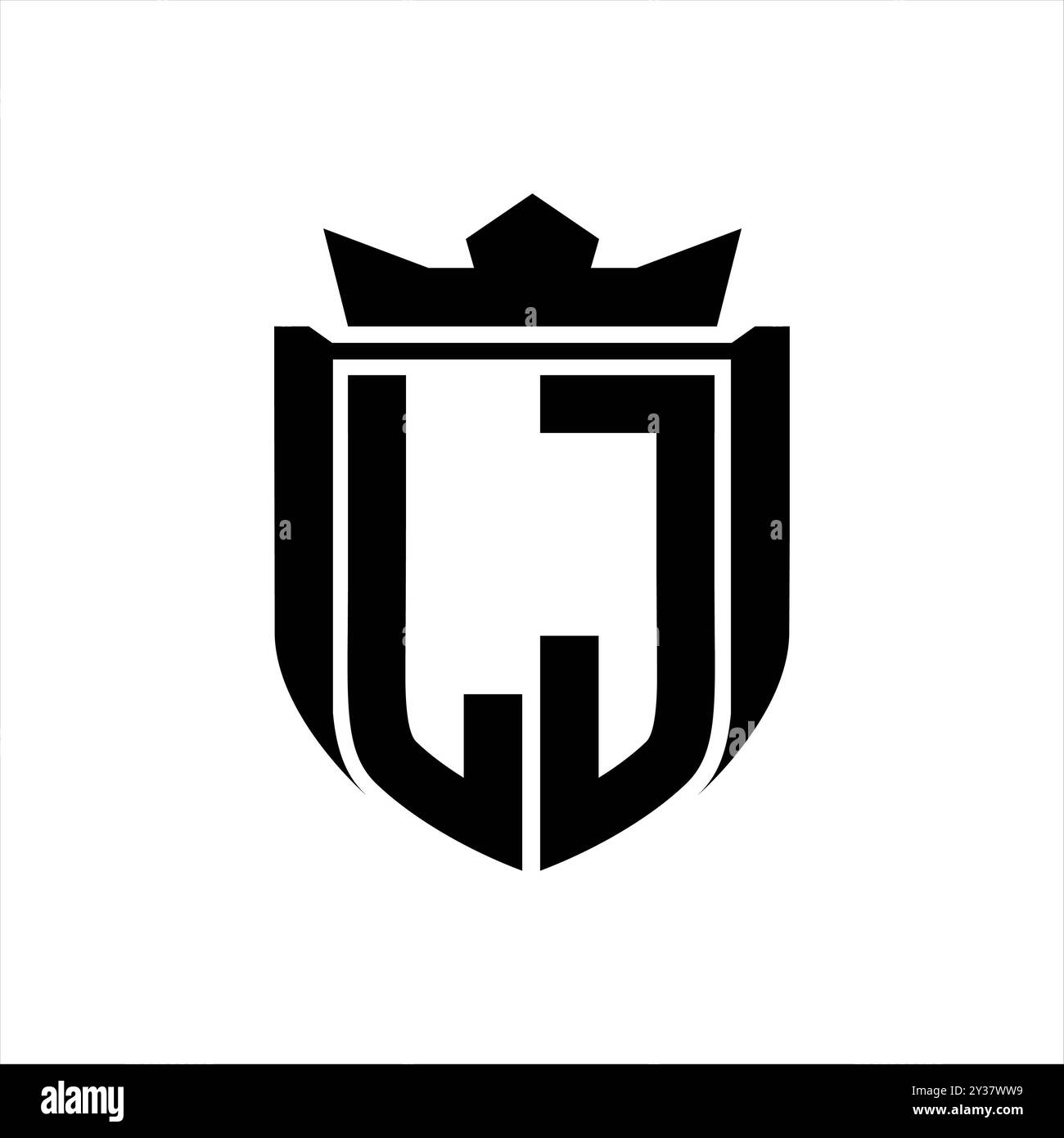 LJ Letter logo with shield shape inside shield badge crown on white background template design ...