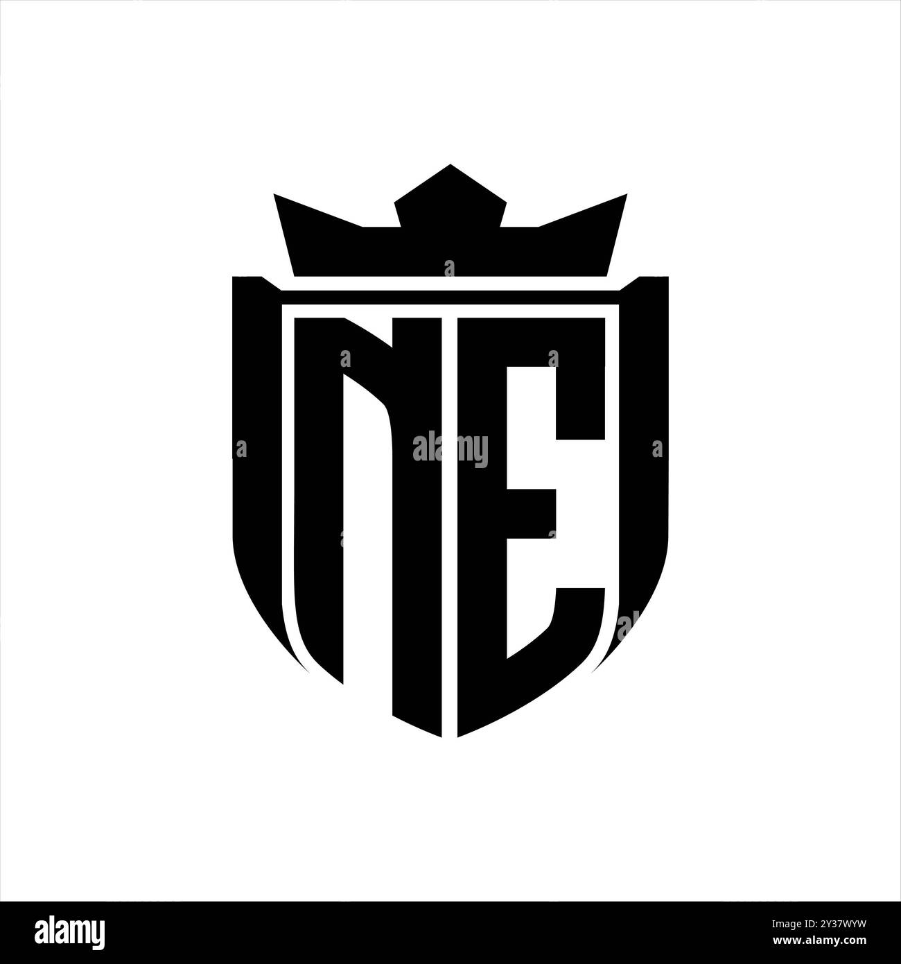 NE Letter logo with shield shape inside shield badge crown on white ...