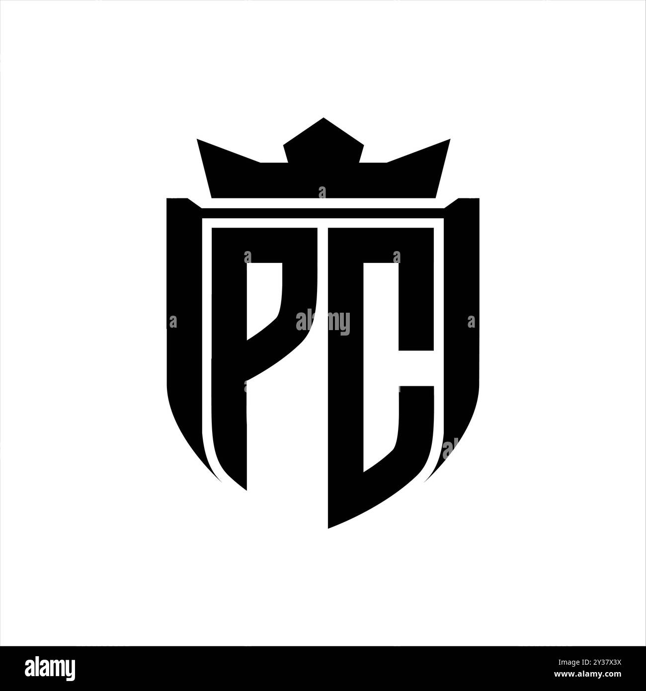 PC Letter logo with shield shape inside shield badge crown on white background template design ...