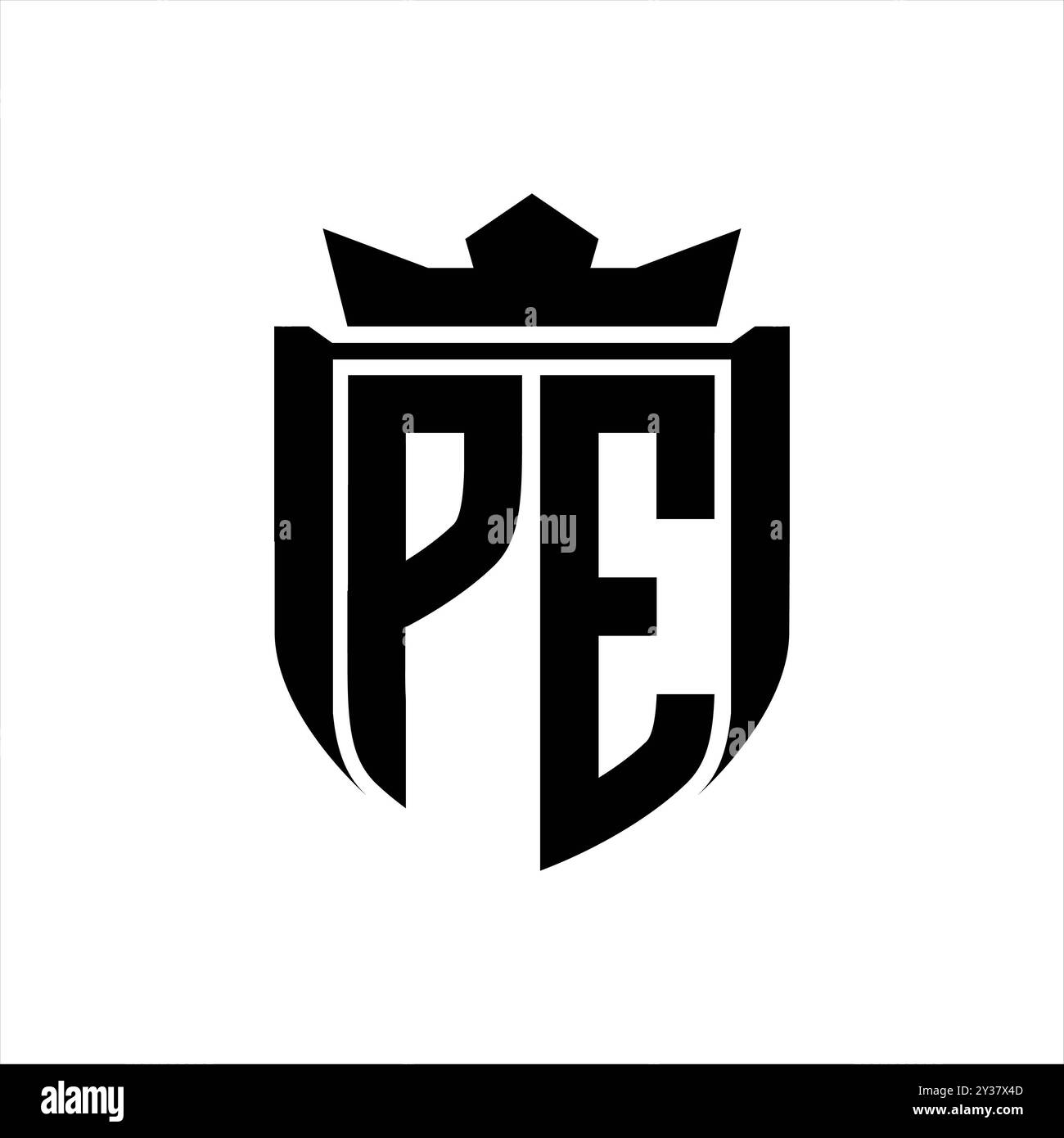 PE Letter logo with shield shape inside shield badge crown on white ...