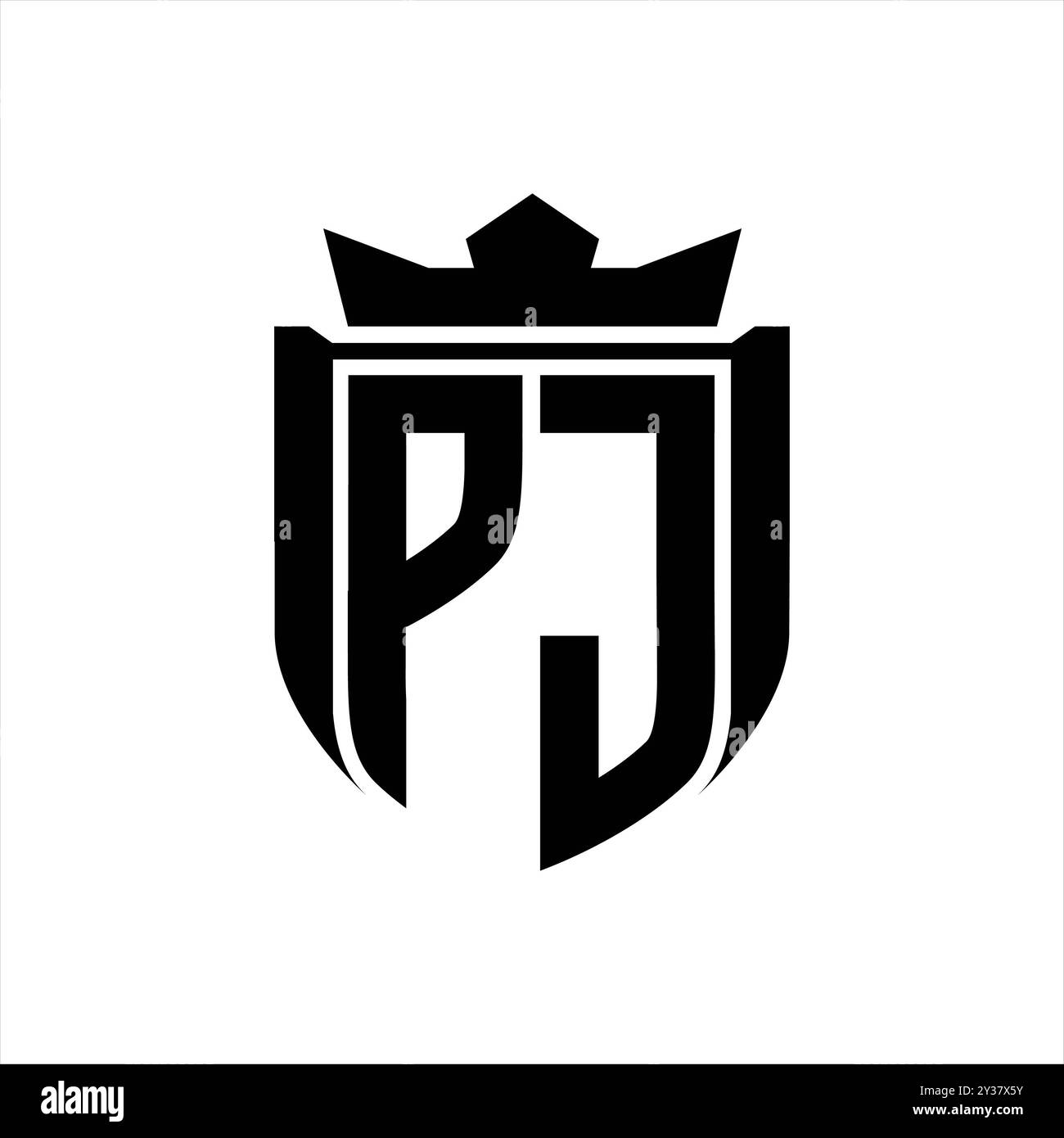 PJ Letter logo with shield shape inside shield badge crown on white ...