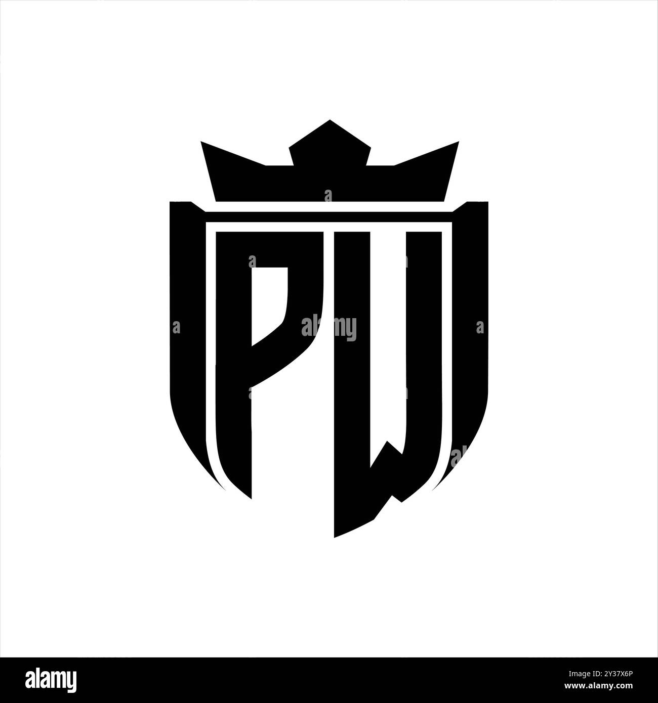 PW Letter logo with shield shape inside shield badge crown on white ...