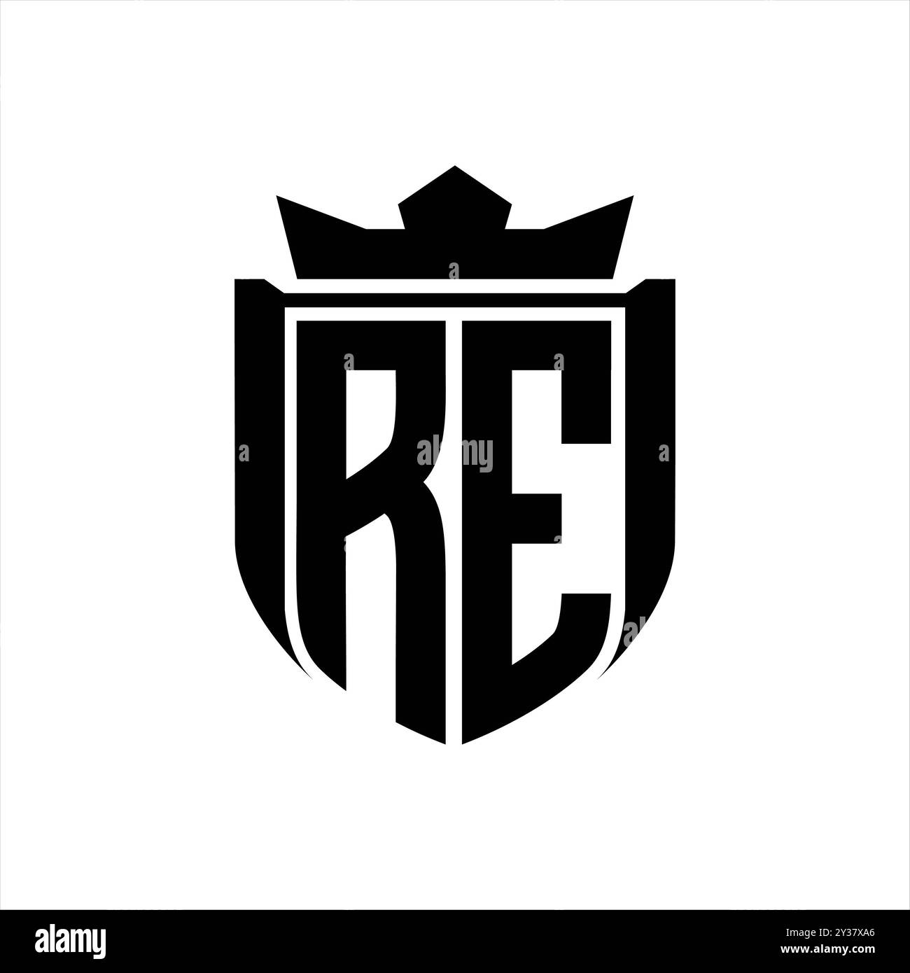 RE Letter logo with shield shape inside shield badge crown on white background template design ...