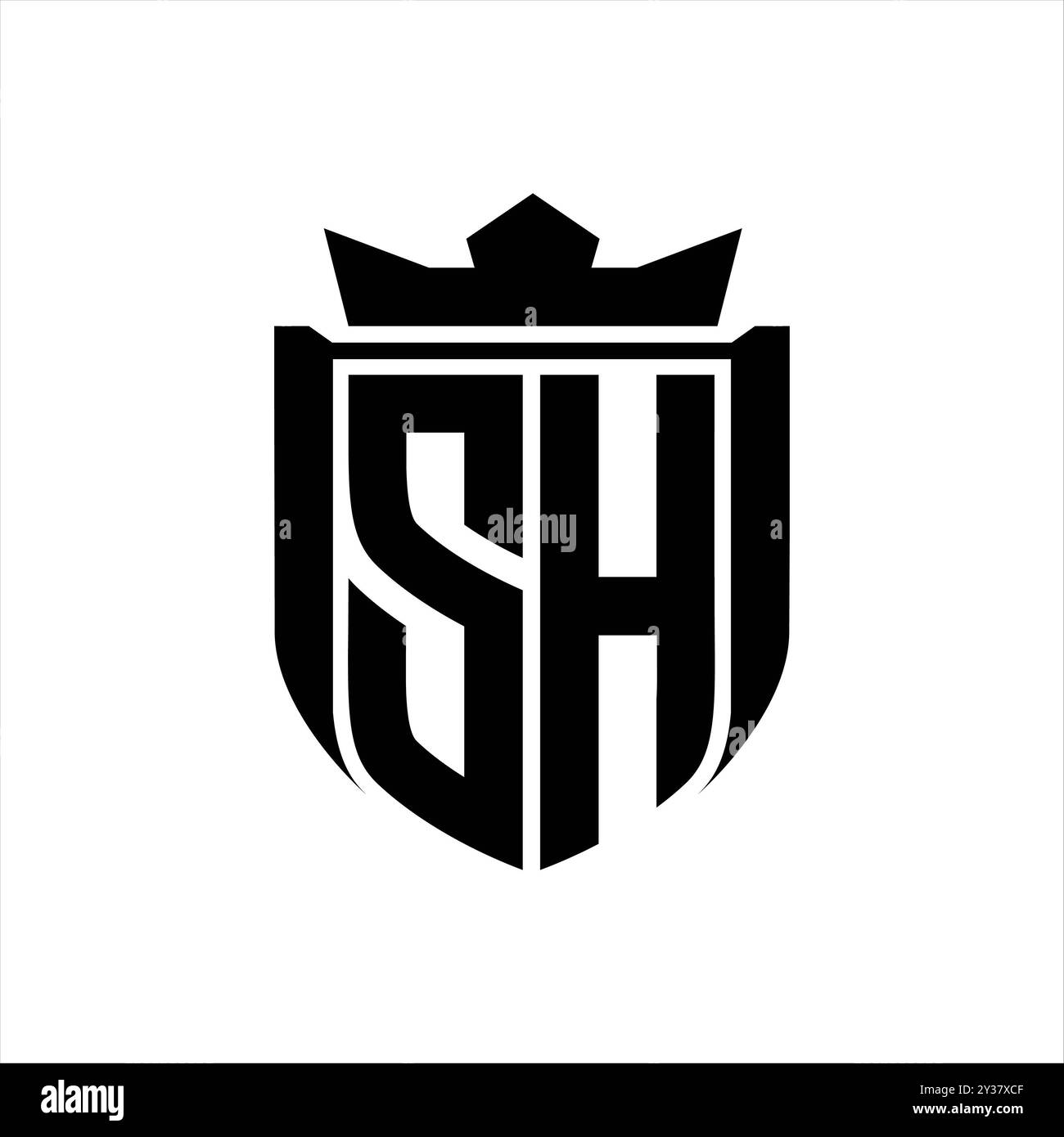 SH Letter logo with shield shape inside shield badge crown on white ...