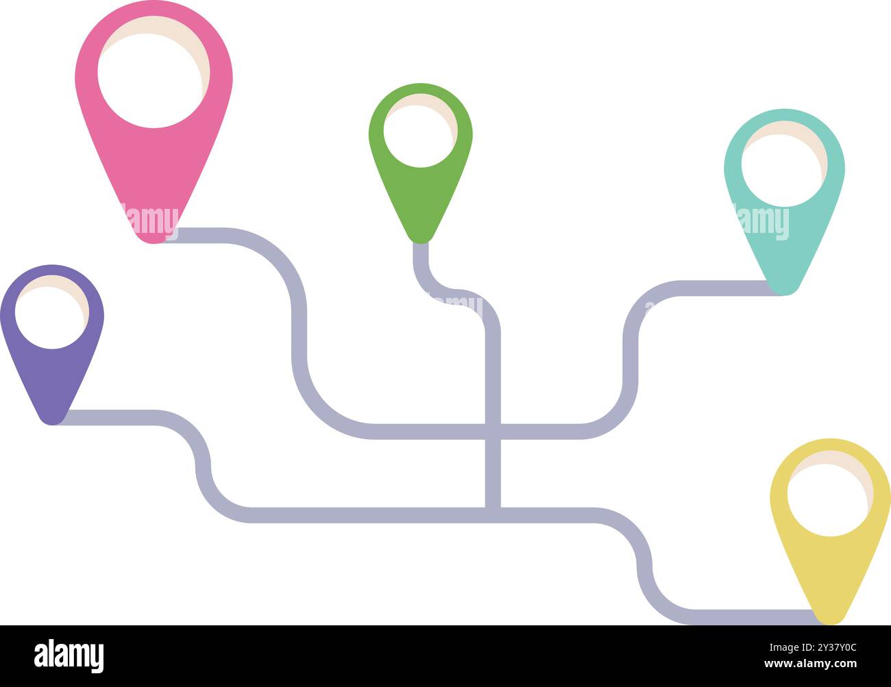 Colorful map pins are connected by a winding route, showing the path to ...