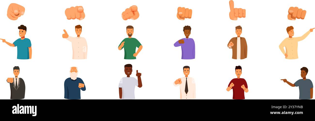 Man pointing finger forward icons set. Collection of men with different ...