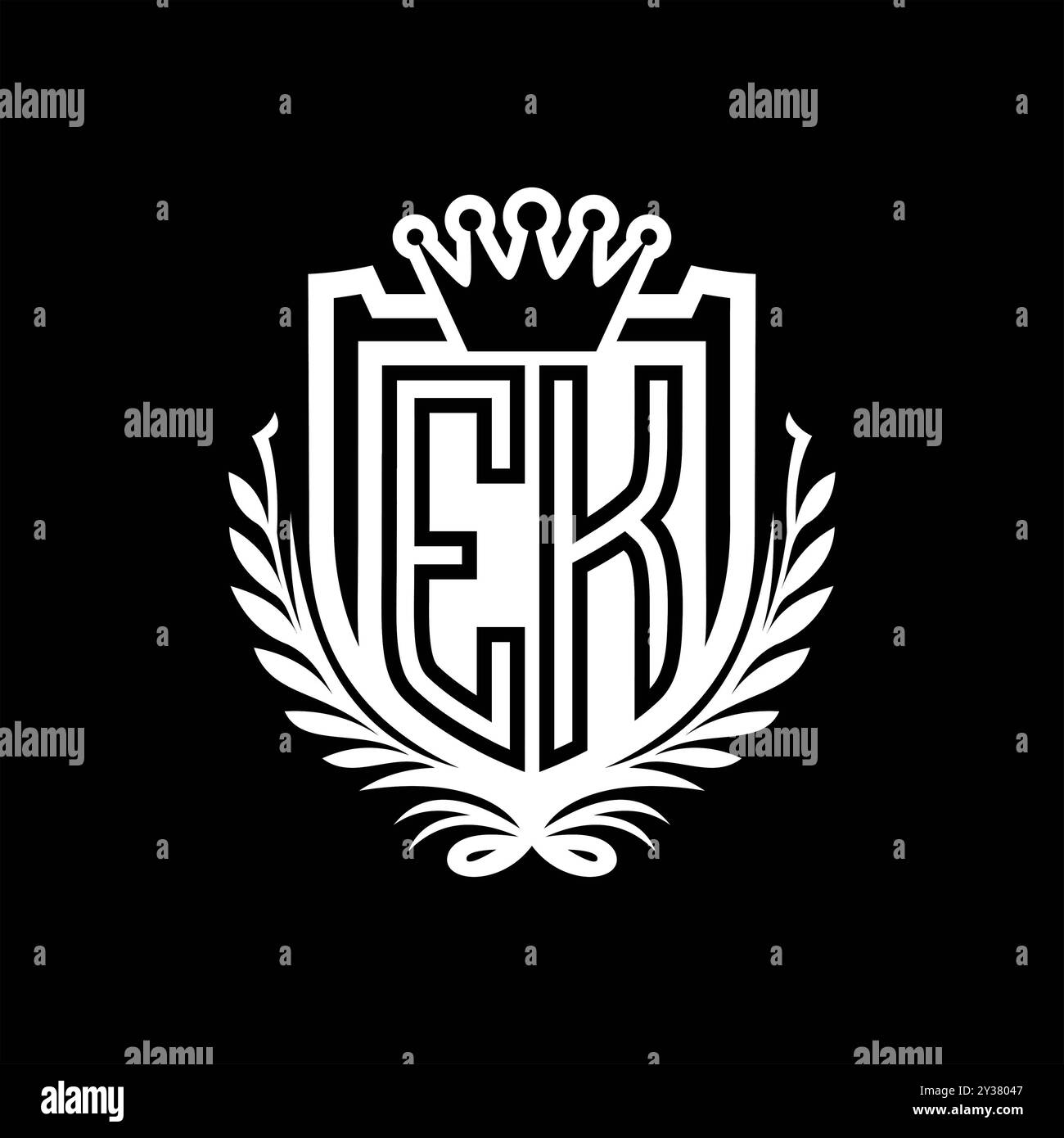 EK Letter logo heraldic shield shape with crown, vintage shield on black background template ...