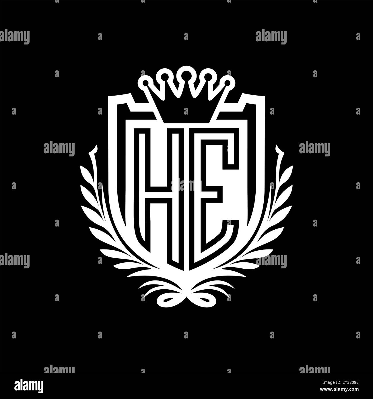 HE Letter logo heraldic shield shape with crown, vintage shield on ...