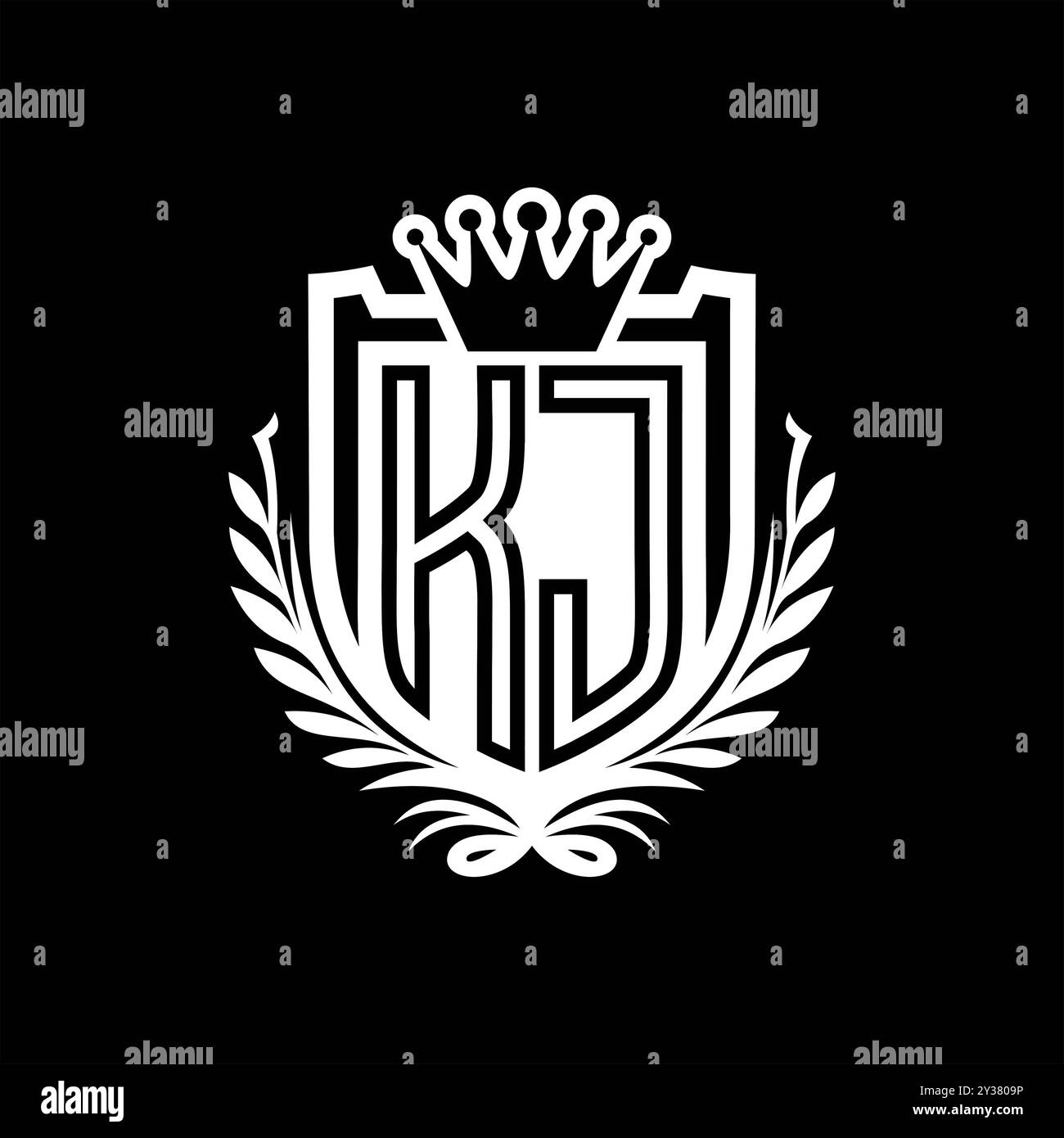 KJ Letter logo heraldic shield shape with crown, vintage shield on ...