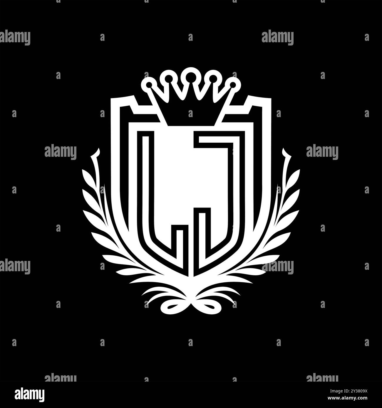 LJ Letter logo heraldic shield shape with crown, vintage shield on black background template ...