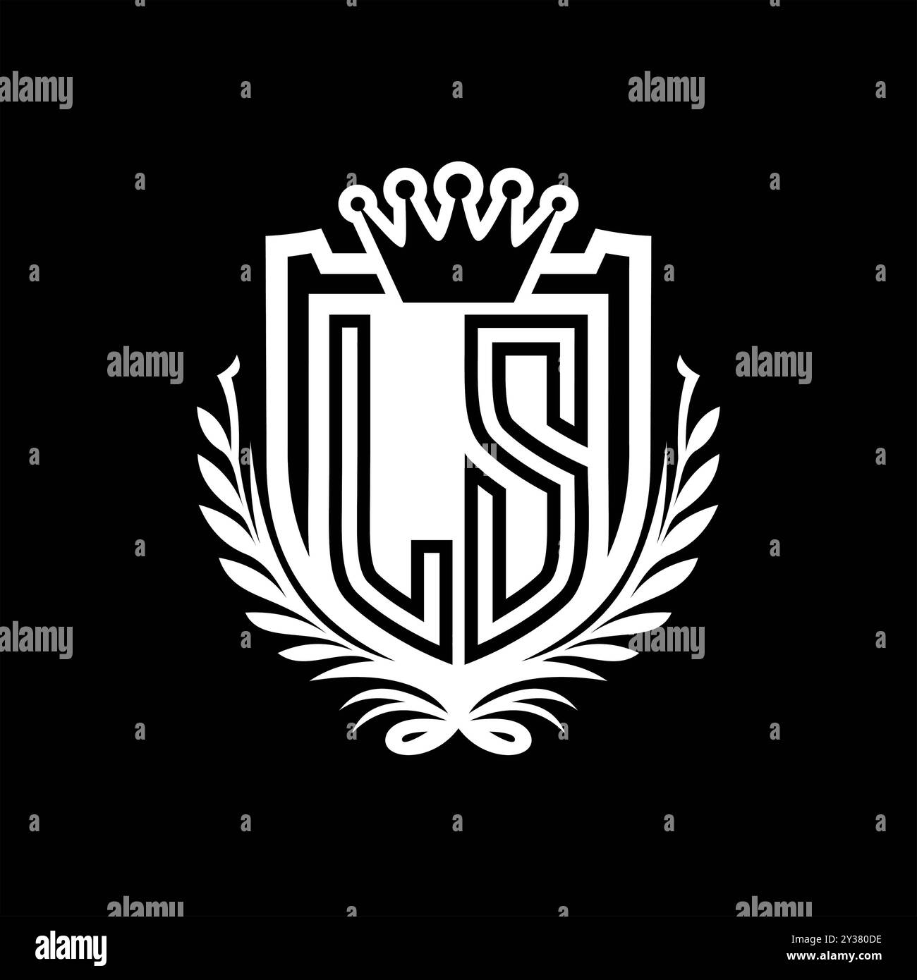 LS Letter logo heraldic shield shape with crown, vintage shield on black background template ...