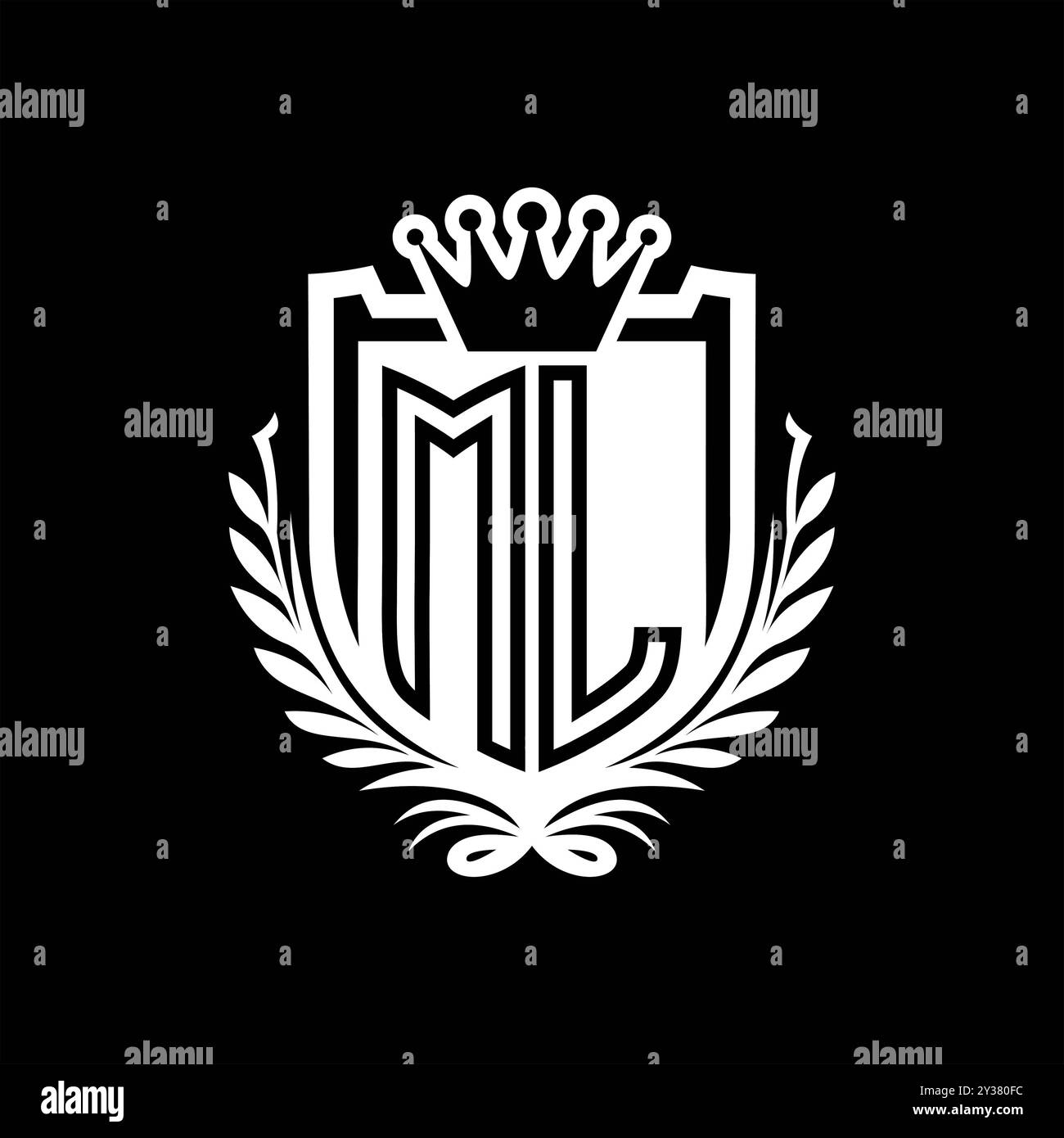 ML Letter logo heraldic shield shape with crown, vintage shield on ...