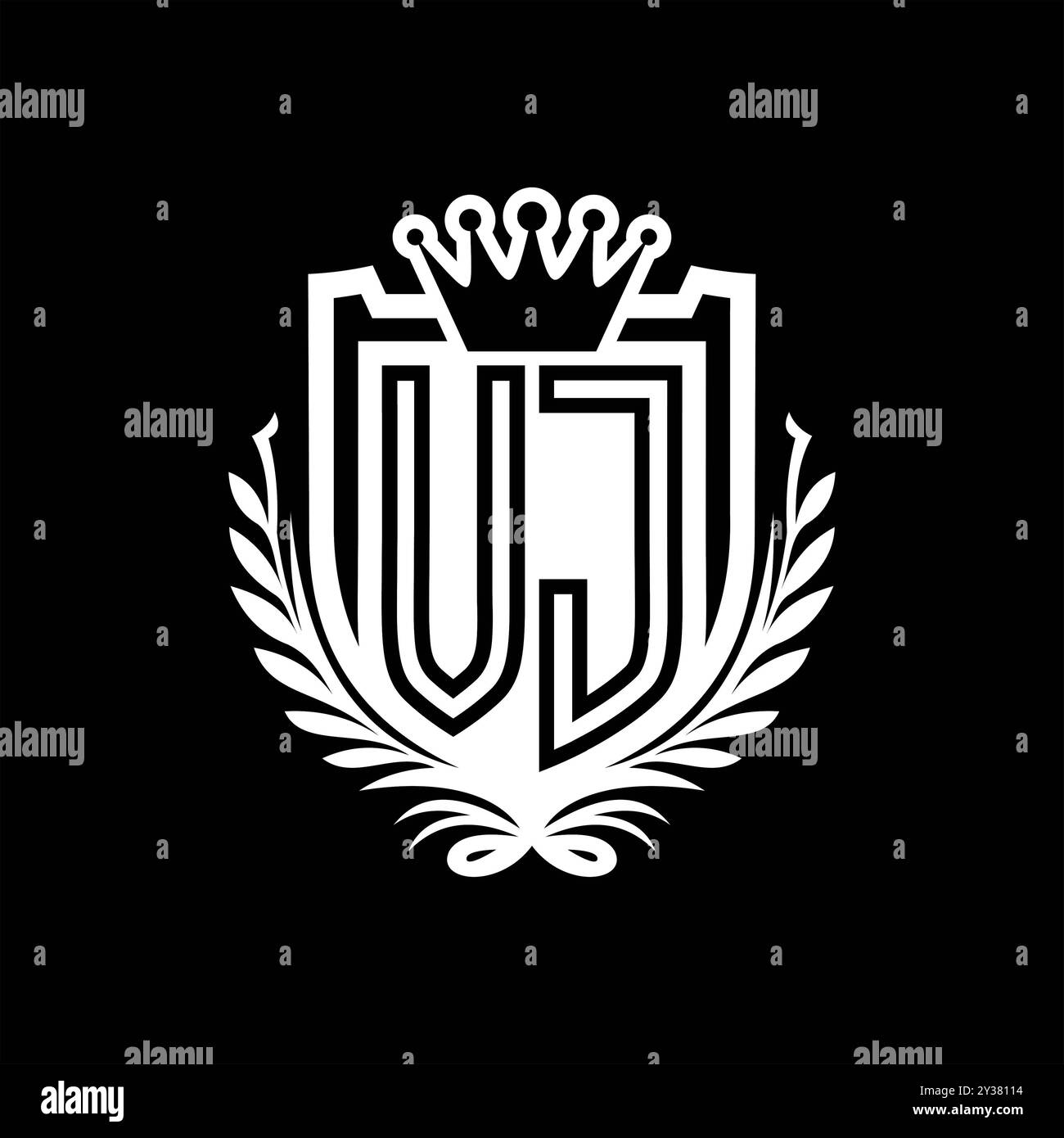 VJ Letter logo heraldic shield shape with crown, vintage shield on black background template ...
