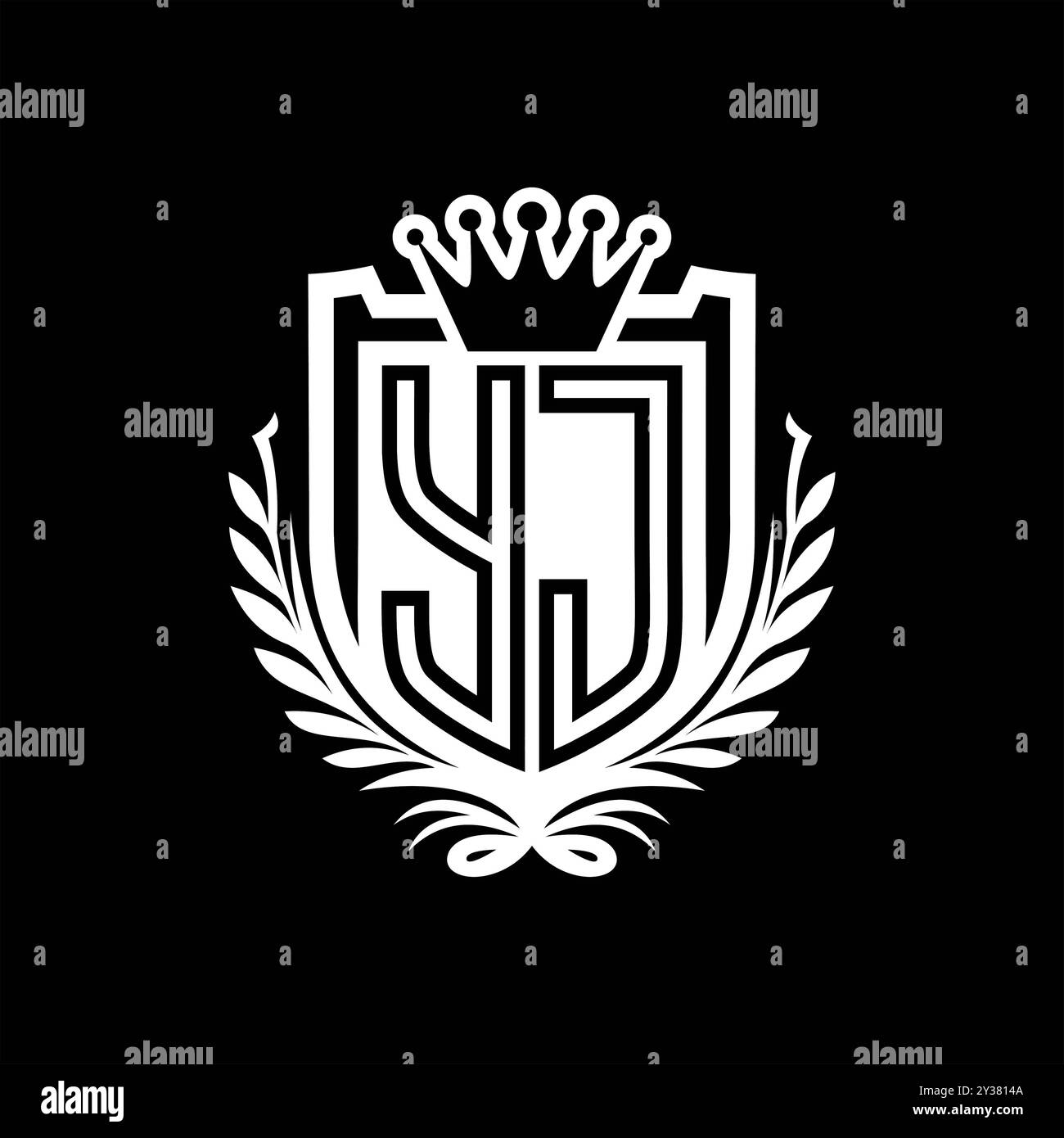 YJ Letter logo heraldic shield shape with crown, vintage shield on ...