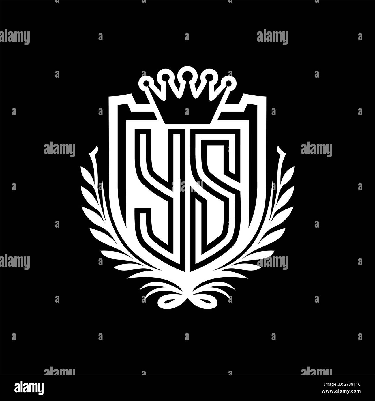 YS Letter logo heraldic shield shape with crown, vintage shield on black background template ...