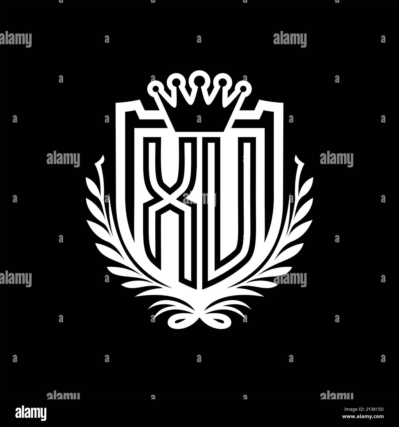 XU Letter logo heraldic shield shape with crown, vintage shield on black background template ...