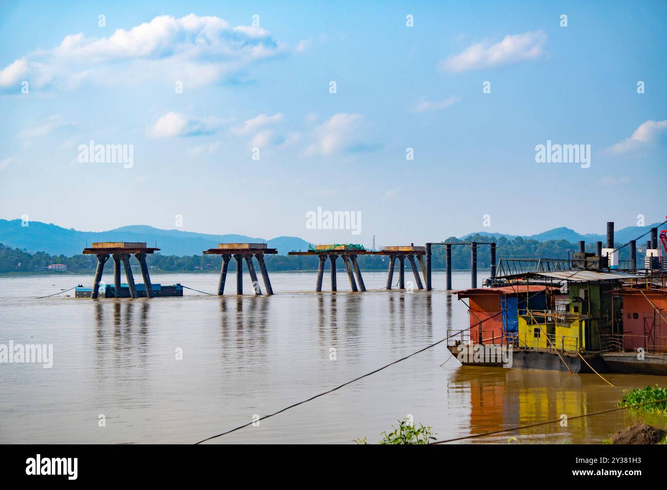 Construction of a River Bridge with half construction Pillar in the ...