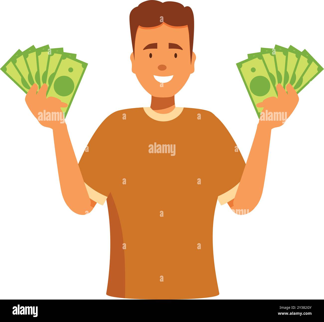 Smiling man is holding up fanned out cash in both hands, representing ...